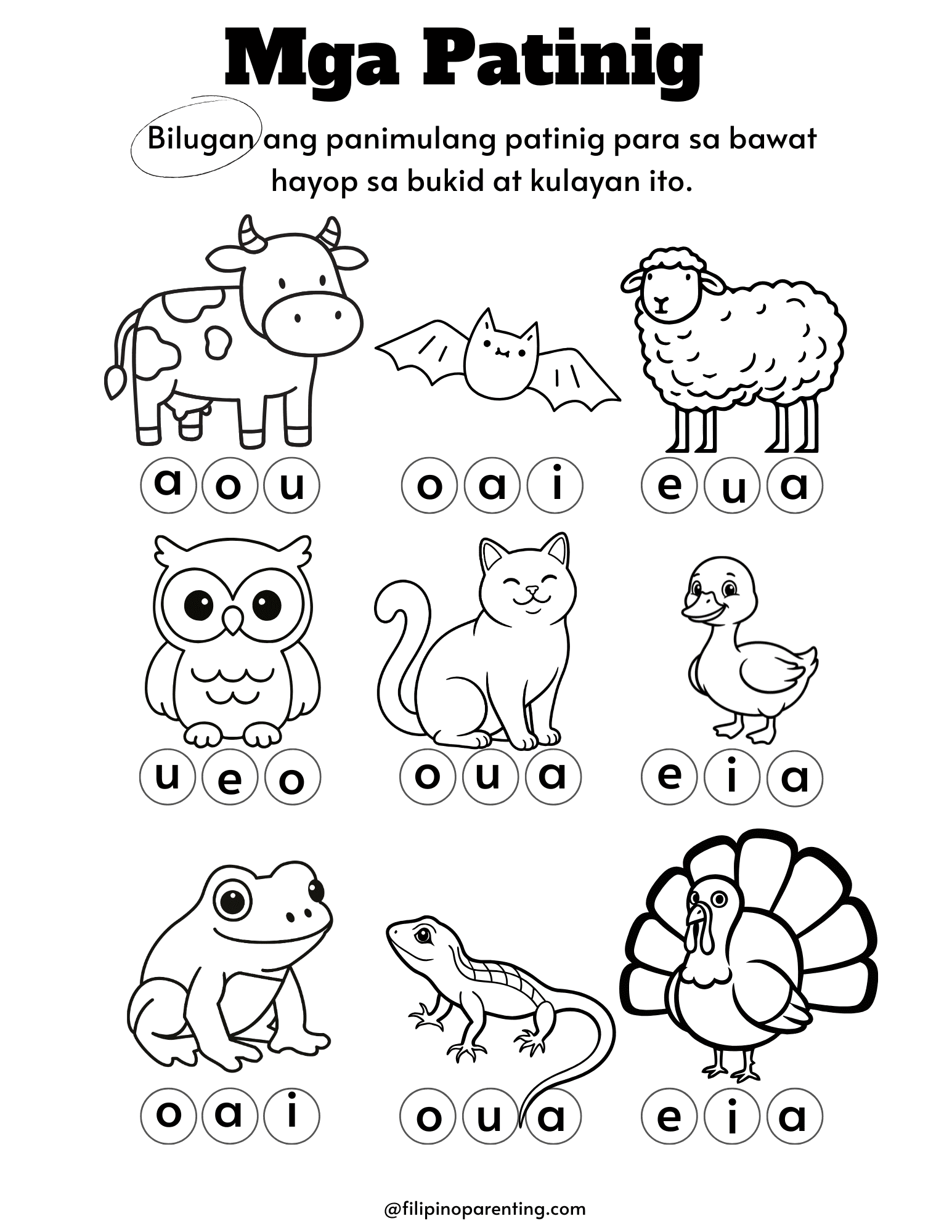 Free Tagalog Vowel Worksheets for Kindergarten: Circle Mga Patinig