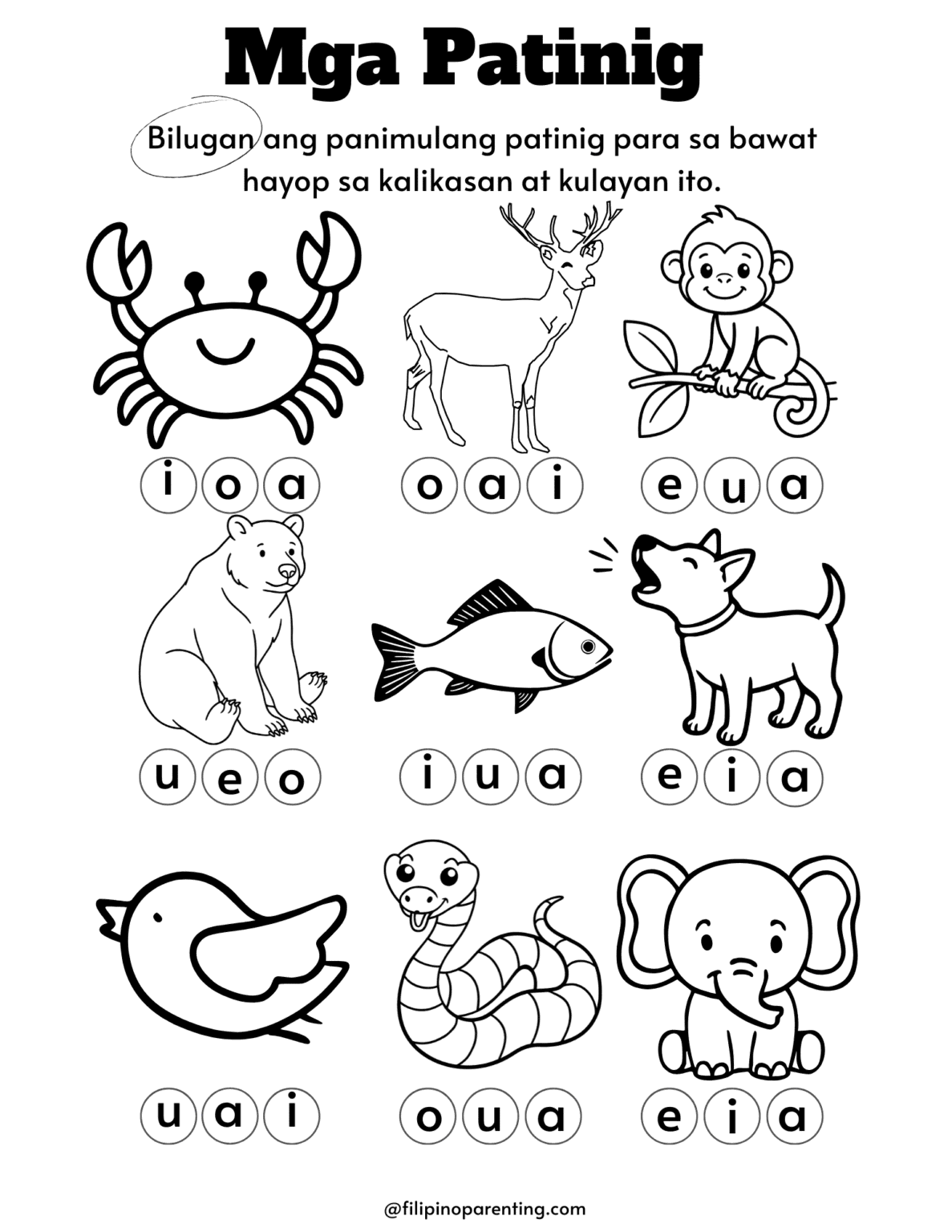 Free Tagalog Vowel Worksheets for Kindergarten: Circle Mga Patinig